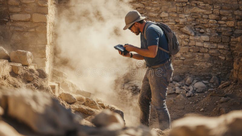 Archaeologist Examines Artifacts in Dusty Ruins during Afternoon ...