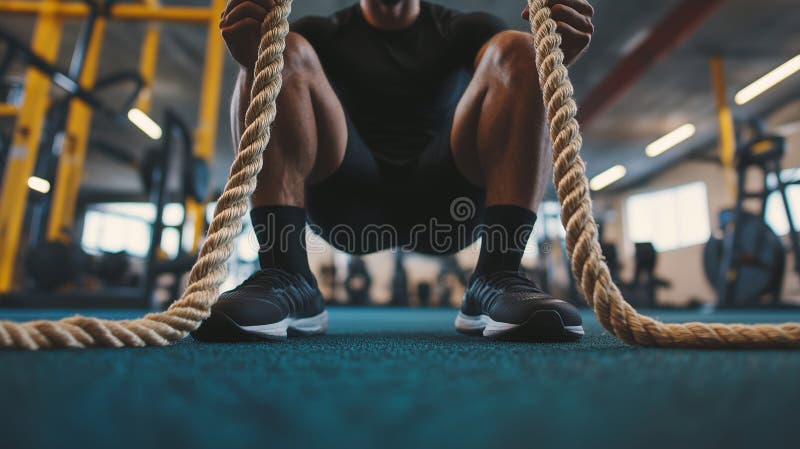 Athlete Engages in Intense Strength Training with Heavy Ropes in a ...