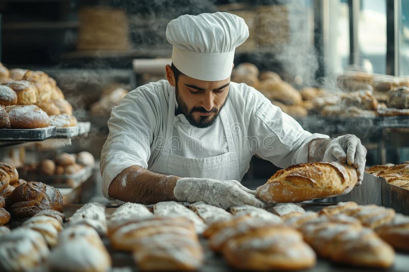 A Dedicated Baker Carefully Selects Fresh Bread from a Display in a ...