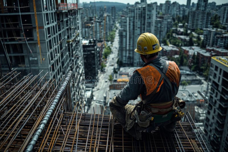 Dedicated Construction Worker Fastening Rebar on High Rise Project ...