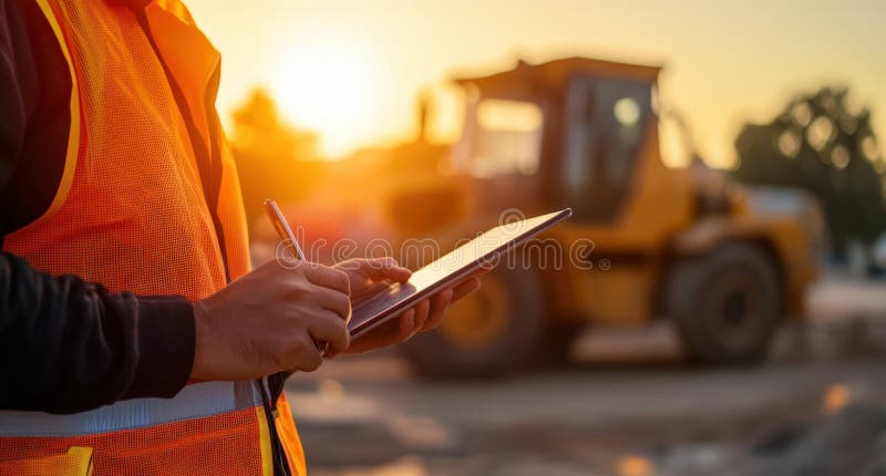 A Construction Worker Uses a Tablet at a Construction Site Stock Photo ...