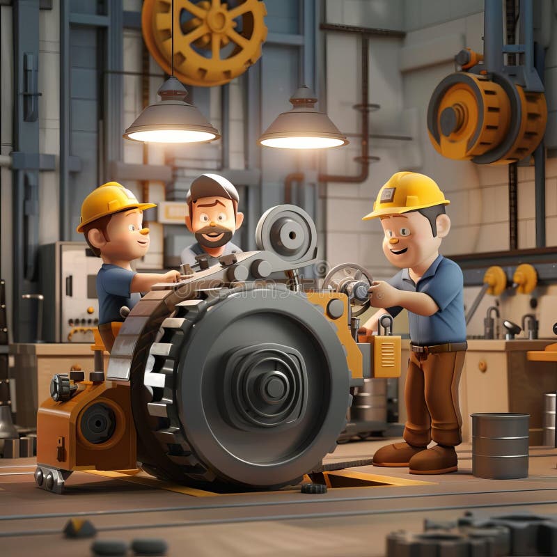 86 Dedicated 3D Cartoon Workers Operating Industrial Machinery on Labor ...