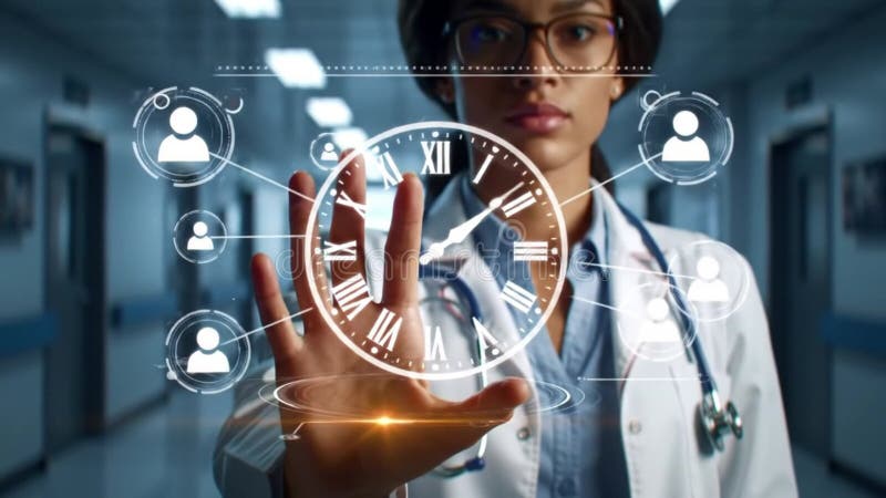 Female Doctor Interacting with Holographic Time and Patient Management ...