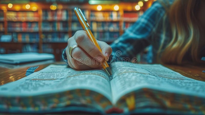 Focused Student Studying Hard in Library with Books Surrounding Her ...