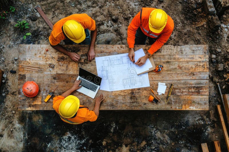 A Team of Construction Workers is Diligently Working on a Wooden Table ...