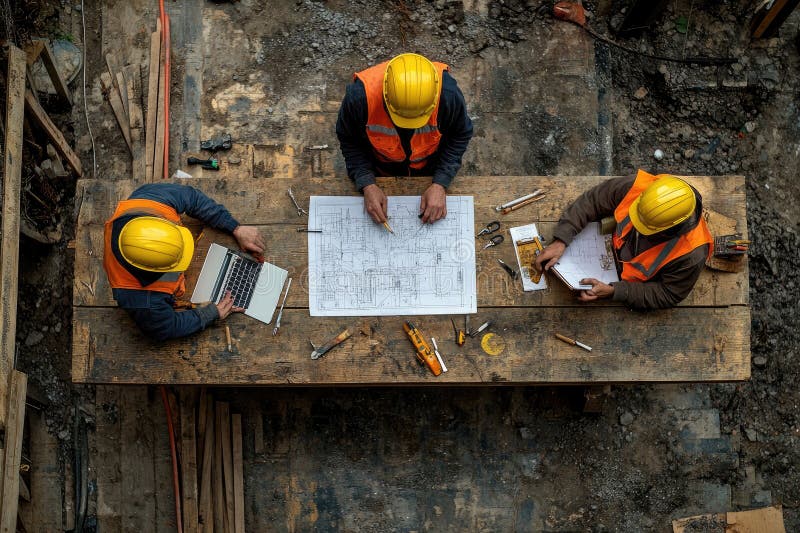 A Team of Construction Workers is Diligently Working on a Wooden Table ...