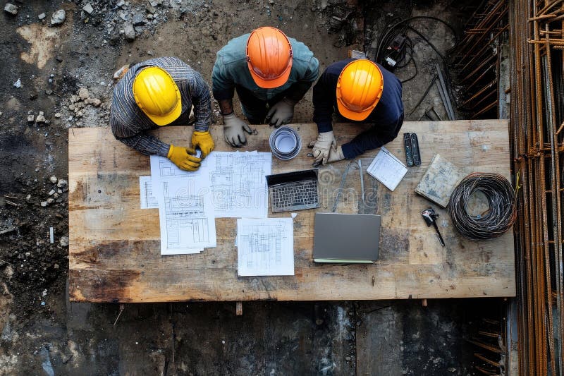 A Team of Construction Workers is Diligently Working on a Wooden Table ...
