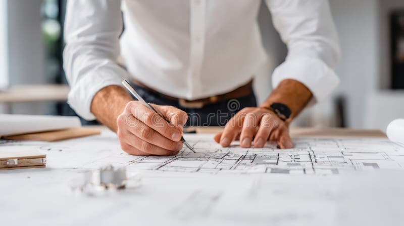 A Dedicated Male Architect Meticulously Drafting a Detailed Building ...