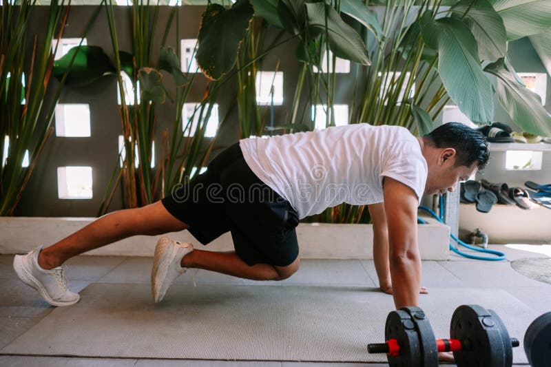 Dedicated Man Doing Mountain Climber Exercise at Home Gym with ...
