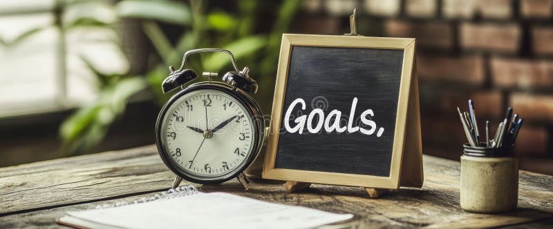 A Dedicated Motivational Workspace Featuring a Clock, a Goals Journal ...