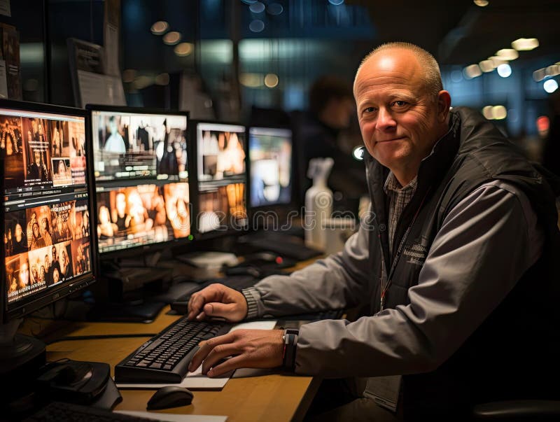 Dedicated Office Worker Surrounded by Computer Screens Stock ...