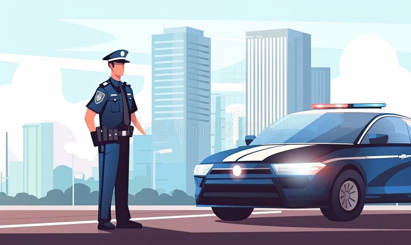 A Dedicated Police Officer Protecting the Community with a Police Car ...