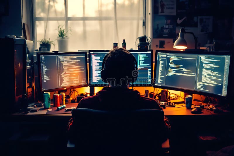 Programmer Working Late Night Coding Session in Dark Room with Multiple Screens Stock Photo ...