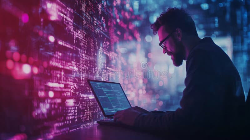 A Focused Programmer Coding on a Laptop Amid Vibrant Digital Data Visuals in a Modern Tech ...