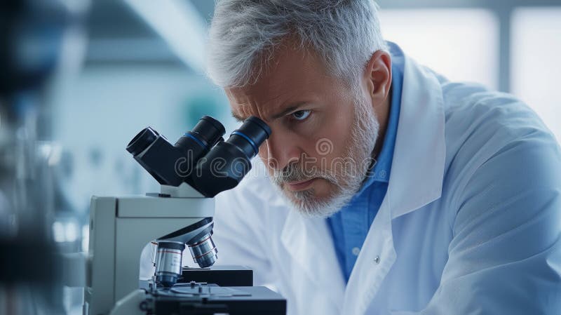 Dedicated Scientist Examining Samples Closely through a Microscope in a ...
