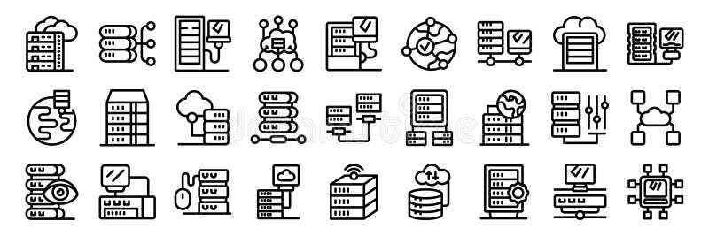 Dedicated Server Icons Set. Data Center Management and Cloud Computing Connecting Global ...