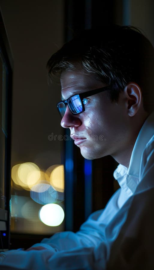 Dedicated Student Studying Late on Sleek Pc in Minimalist Bedroom with ...