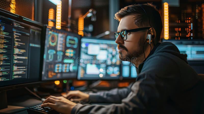 Dedicated System Administrator Focused on Multiple Screens Displaying ...