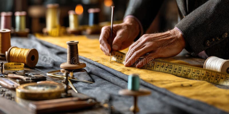 Tailor Marking Fabric with Measuring Tape and Stylus Stock Illustration ...