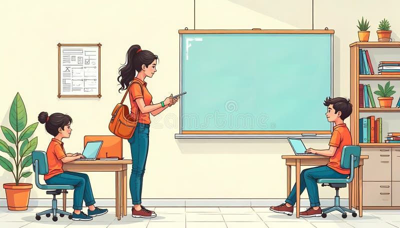 A Dedicated Teacher Explains a Lesson To Students Using Laptops in a ...