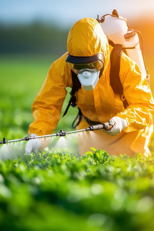 A Dedicated Worker in Bright Protective Gear Sprays Herbicides Across ...