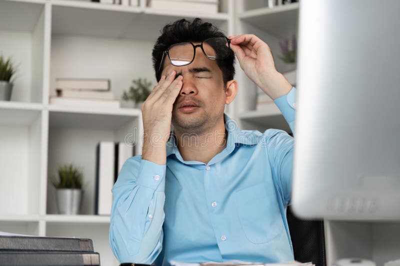 Tired Professional Struggles with Hard Work at Office Desk Workspace ...