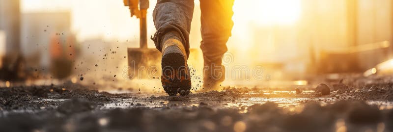 A Dedicated Worker Walks at Sunset on a Vibrant Construction Site ...