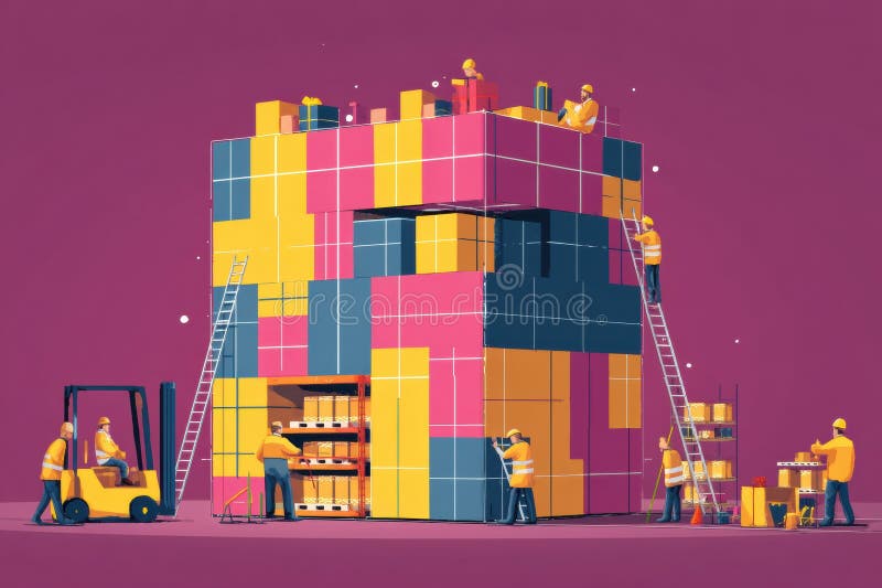 Workers Construct a Massive Gift Box in a Warehouse, Showcasing ...