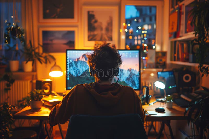 Creative Workspace with Dual Screens and Audio Gear Stock Photo - Image ...