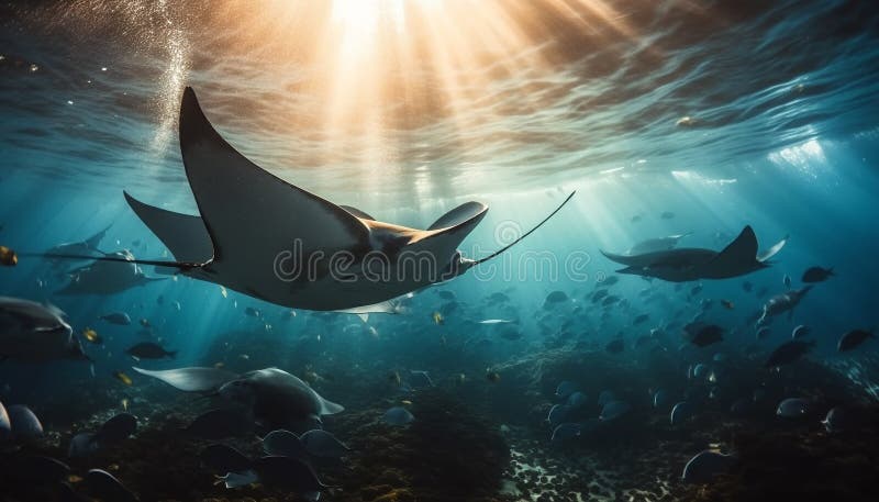 Deep Below, Majestic Manta Ray Swims in Natural Beauty Generated by AI ...