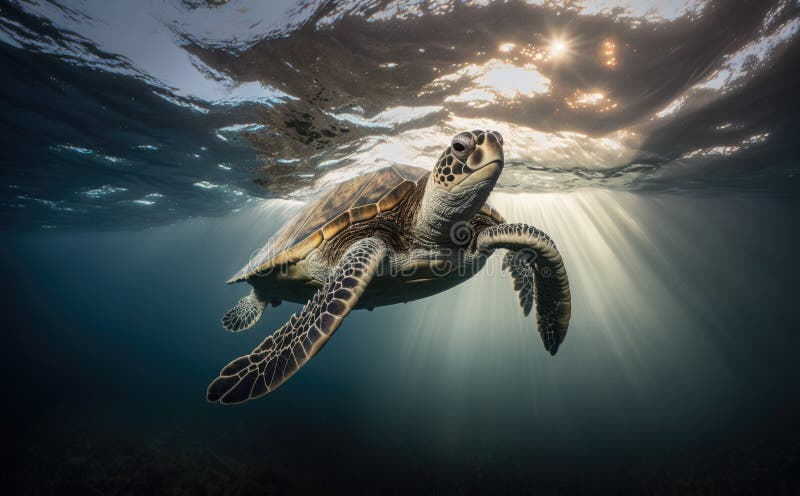 A Sea Turtle Swimming Below the Water Line with Sun Ray, Generative AI ...