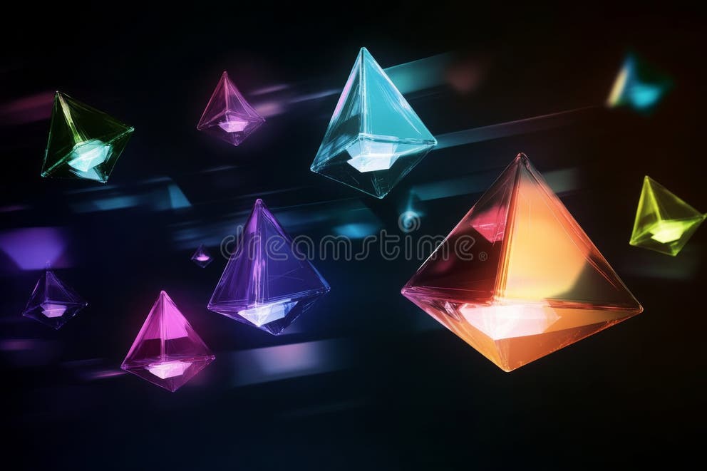 A Deep Black Background with Floating 3D Triangular Prisms Glowing with ...