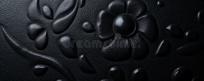 Deep Black Leather, Embossed Floral Pattern, Glossy Finish, Texture ...