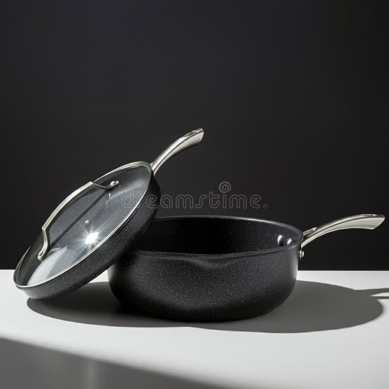 Deep Black, Non-stick Saucepan with a Matching Lid, Positioned on a ...