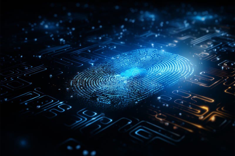Deep Blue Backdrop Features Fingerprint Scan Combined With Binary Code Stock Illustration