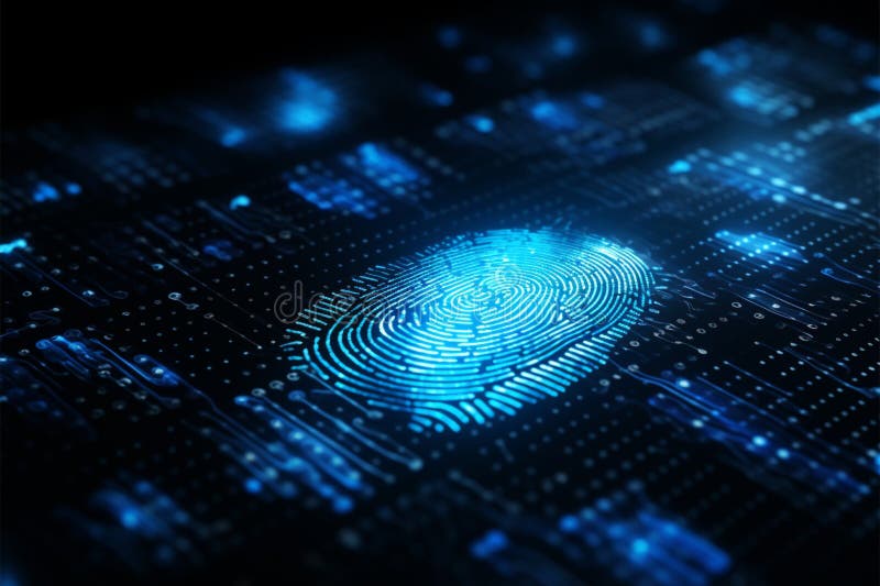 Deep Blue Backdrop Features Fingerprint Scan Combined with Binary Code Stock Illustration ...