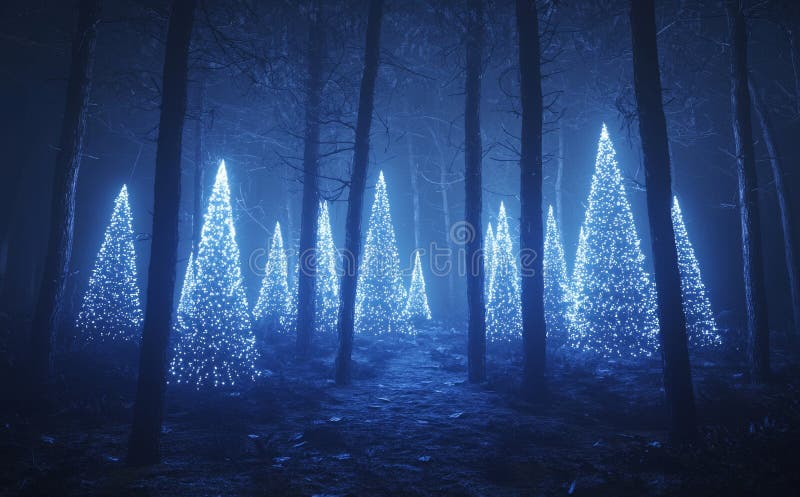 A Deep Blue Backdrop Featuring Luminous White Christmas Trees and Snow ...