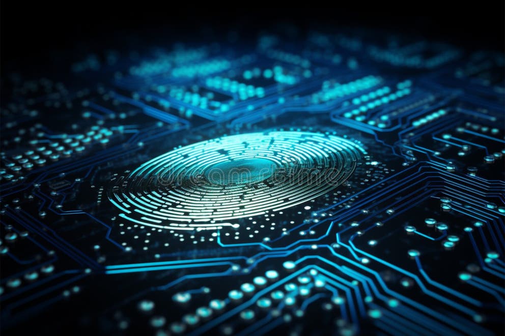 Deep Blue Background Showcases Fingerprint Scan and Binary Code Security Stock Illustration ...