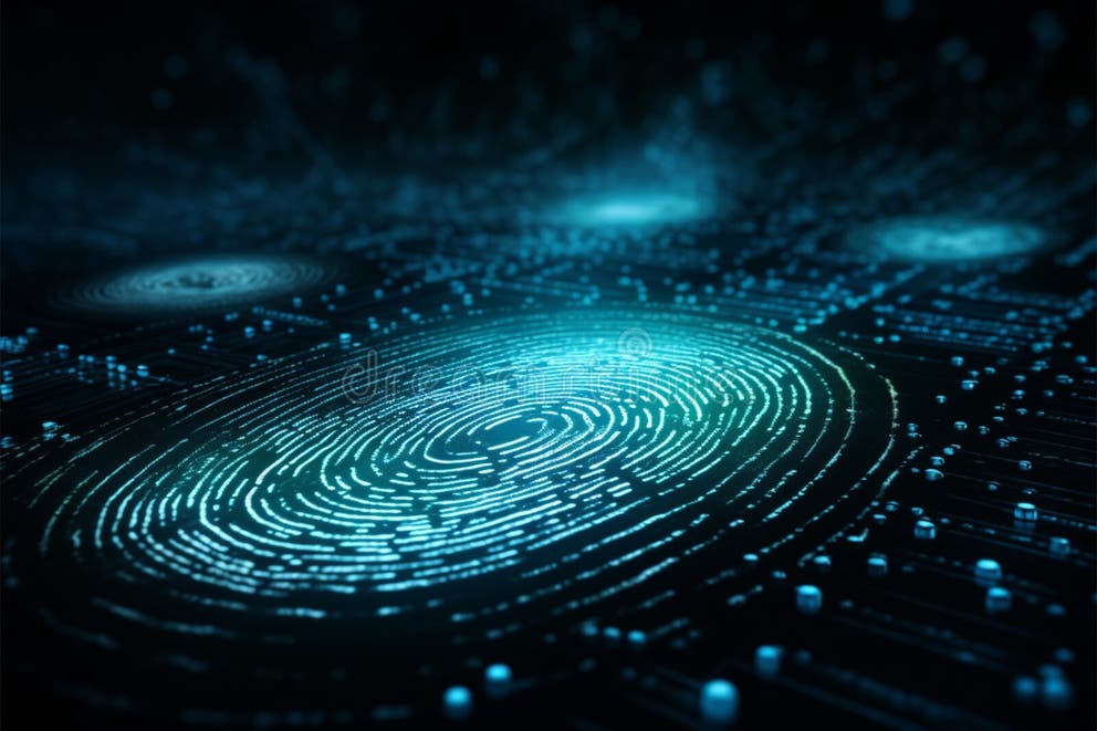 Deep Blue Background Showcases Fingerprint Scan And Binary Code