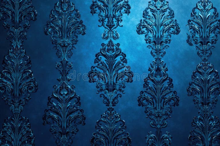 Deep Blue Damask Wallpaper, Ornate Scrollwork, Navy Blue, Scroll Stock ...