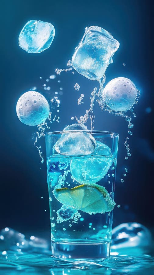 Deep Blue Drink with Glowing Moon and Ice Cubes Creates Ethereal Effect ...