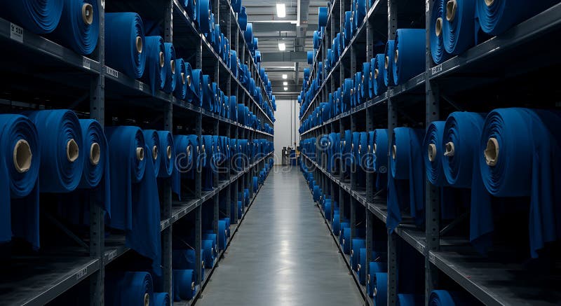 Deep Blue Fabric Rolls: an Industrial Textile Warehouse Interior Stock ...