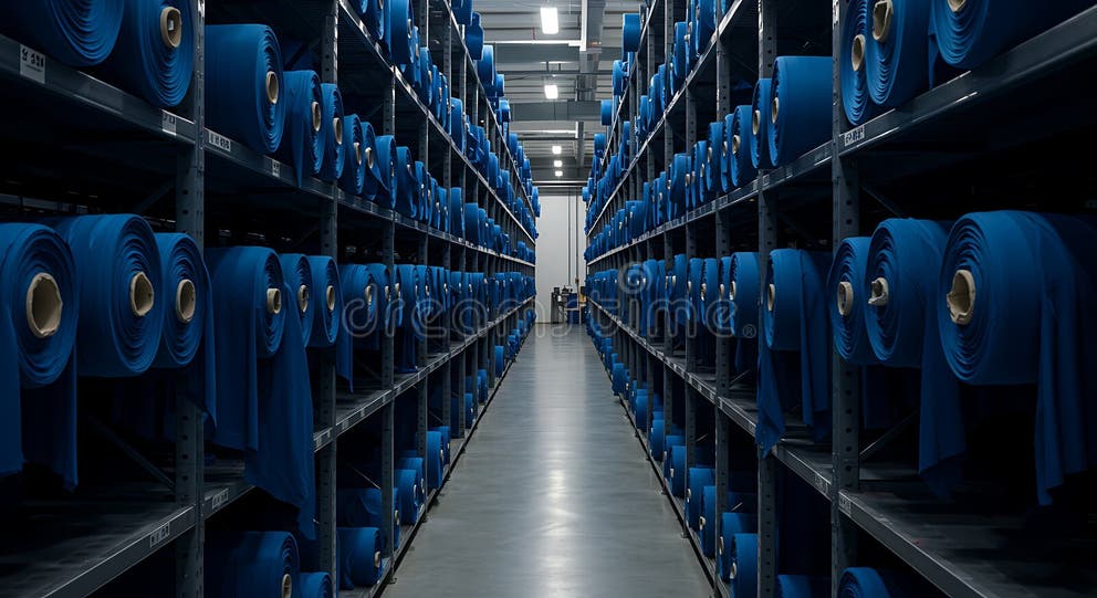 Deep Blue Fabric Rolls: an Industrial Textile Warehouse Interior Stock ...