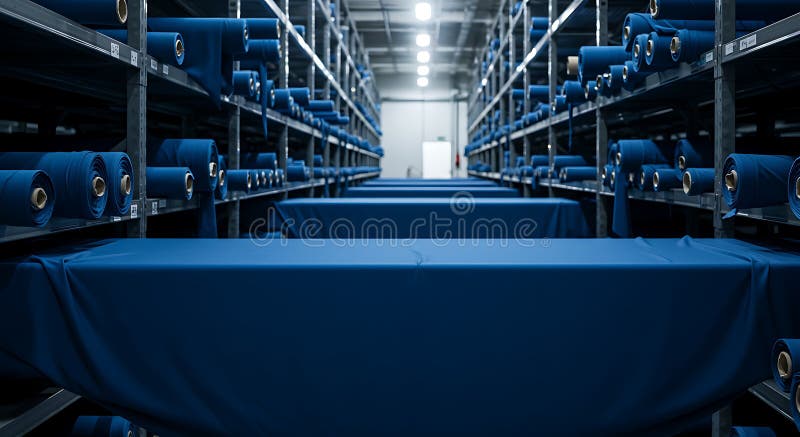 Deep Blue Fabric Warehouse: Rows of Rolled Textiles in Industrial ...