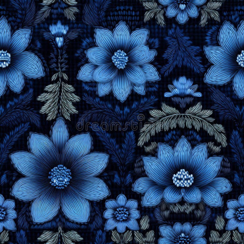 Deep Blue Floral Pattern with Cross Stitch Texture, Perfect for ...