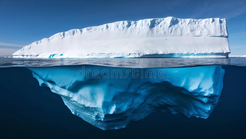 Deep Blue Iceberg Floating in Calm Ocean with Clear Sky Above Stock ...