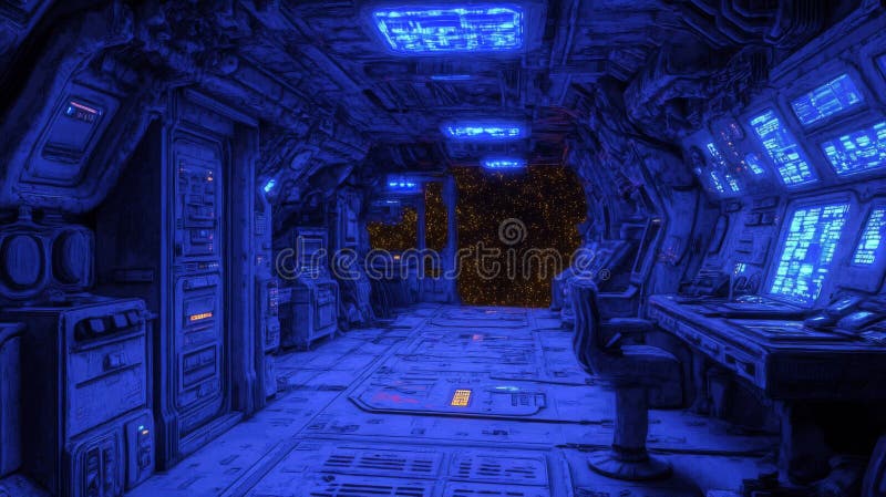 Deep Blue Interior of Futuristic Spaceship Corridor with Complex ...