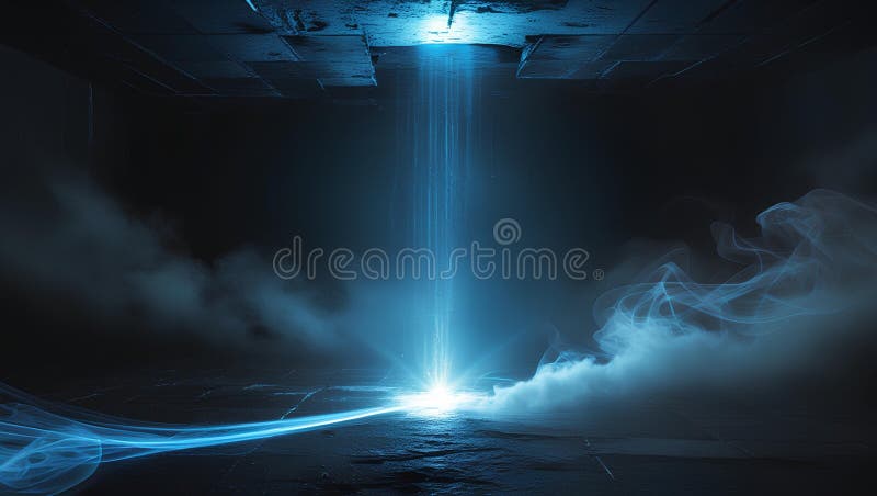 Deep Blue Light Beam Piercing the Darkness with Smoke and Reflections ...