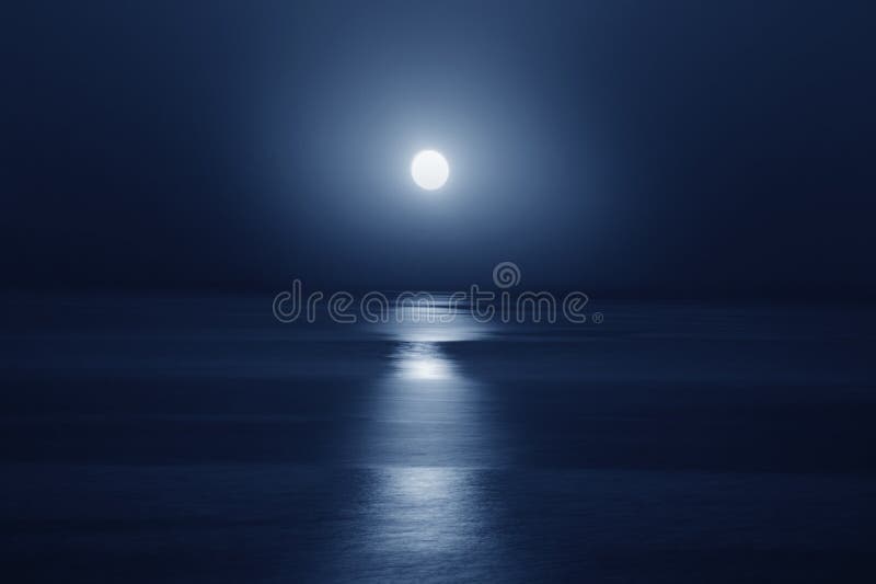 Deep Blue Moonlit Ocean and Sky at Night Stock Photo - Image of color ...