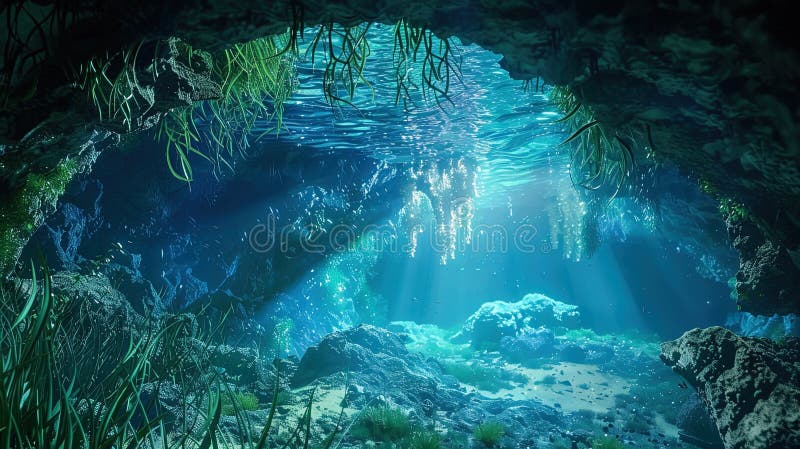 A Deep Blue Ocean with a Cave in the Background Stock Illustration ...